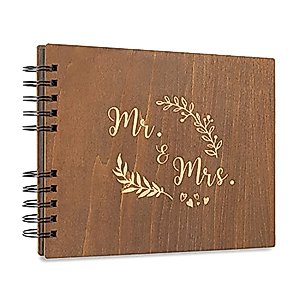 Creawoo 11’’ Mr&Mrs Wooden Guest Book Album Memory Keepsake for Wedding Anniversary Birthday with 80 Pages Blank Black Cardstocks - Available at Least 160 Pictures