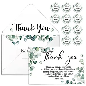 Marspark 25 Pack Thank You Sympathy Cards Funeral Thank You Cards with Envelopes and Message Memorial Card with Sticker Bereavement Card for Family Friends Loved Ones Celebration of Life (Leaves)