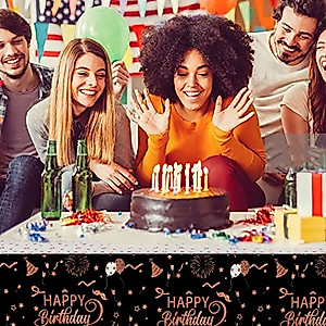 Famoby 4 Packs 54" x 108" Rose Gold Happy Birthday Disposable Plastic Waterproof Table Cover for Rectangle Tables Black Background Indoor & Outdoor Birthdays Anniversary Party Decorations