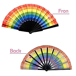 AMS Rainbow Hand Fans, Pride Fan Folding Hand Fan, Colorful Hand Held Fan, Plastic Folding Fan for Music Festival Events and Dance Supplies (10pcs Black Slats).