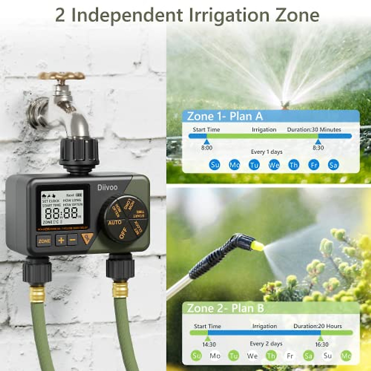 Sprinkler Timer 2 Zone, Diivoo Programmable Water Hose Timer 2 Outlet for Garden, Automatic Irrigation Timer IP54 with Rain Delay/Manual/Auto Mode, Outdoor Hose Timer Controller for Lawn, Yard, Pool