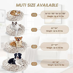 Calming Dog Bed, Donut Anti Anxiety Cat Bed, Round Fluffy Plush Faux Fur Pet Bed, 27 Inch Dog & Cat Cuddler Bed, Anti Slip Waterproof Mute Base, Khaki Gradient