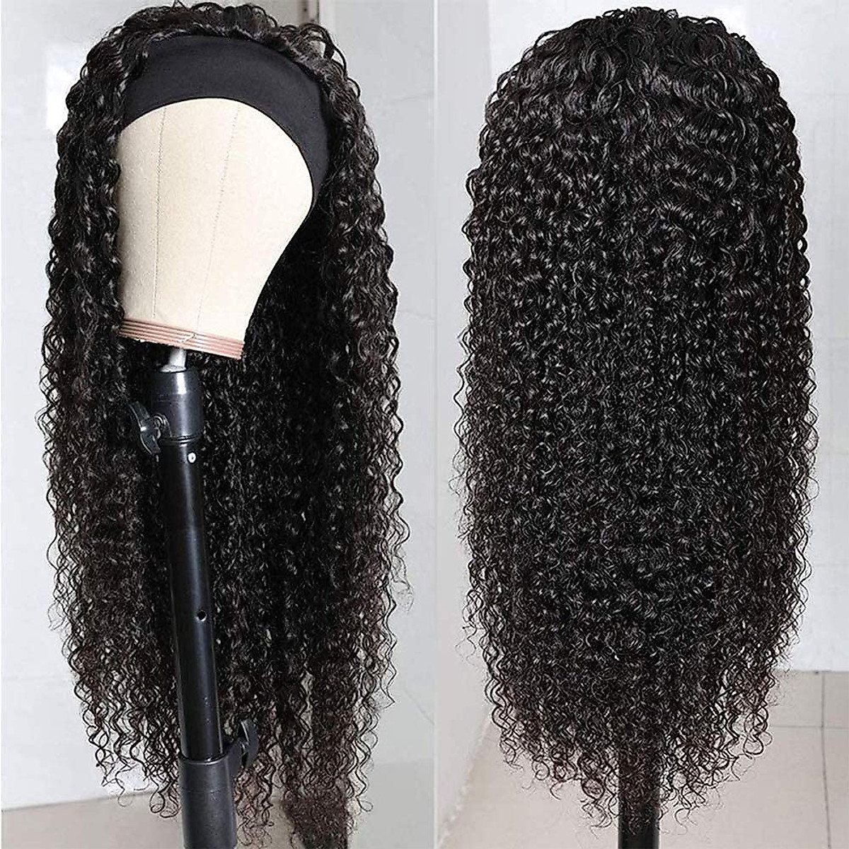 XSY Headband Wig Human Hair Deep Wave 16 Inch Wig Glueless Headband Wig Deep Wave None Lace Front Wigs Human Hair for Black Women 150% Density Wig Curly Hair Natural Color