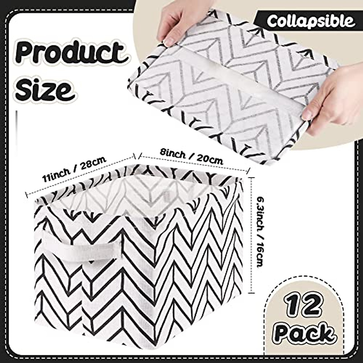 12 Pcs Foldable Storage Basket Bulk White Cube Fabric Bins Square Mini Box Receive Organizer Rectangle Canvas with Handles for Home Nursery Office Kids Toys Books Small 11 x 8 x 6 Inch