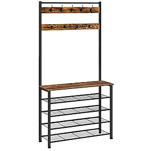 HOOBRO Hall Tree, Coat Rack with Shoe Rack, Hall Tree with Bench, 5 Tier Shoe Storage Organizer with 9 Hooks for Entryway, Closet, Sturdy, Industrial, Rustic Brown and Black BF80MT01G2