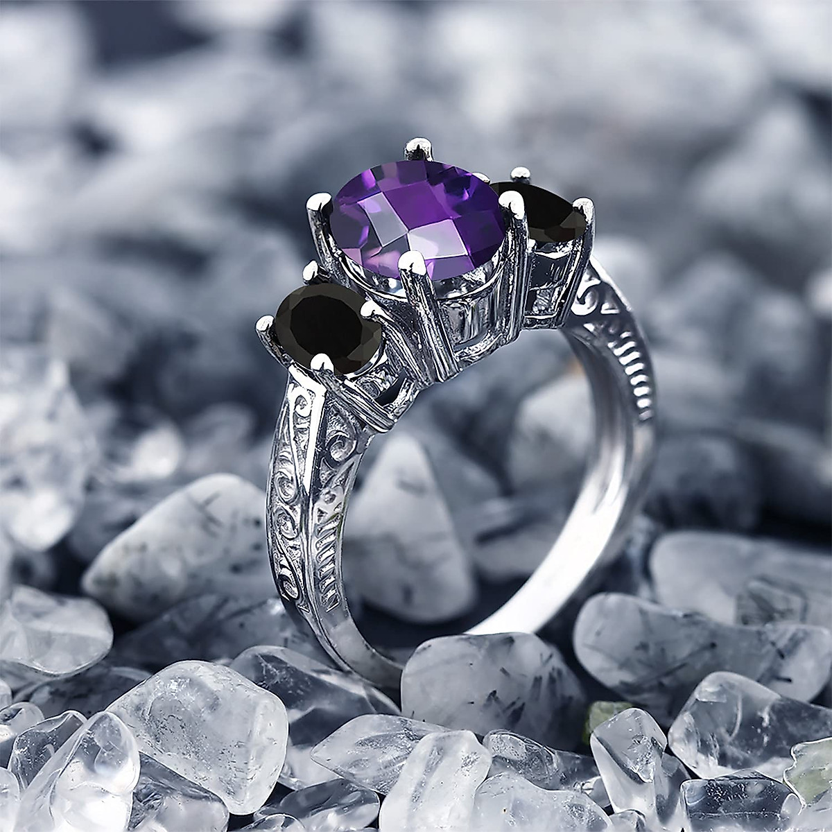 Gem Stone King 925 Sterling Silver Purple Amethyst and Black Onyx 3-Stone Ring For Women (2.38 Cttw, Gemstone Birthstone, Available in size 5, 6, 7, 8, 9)