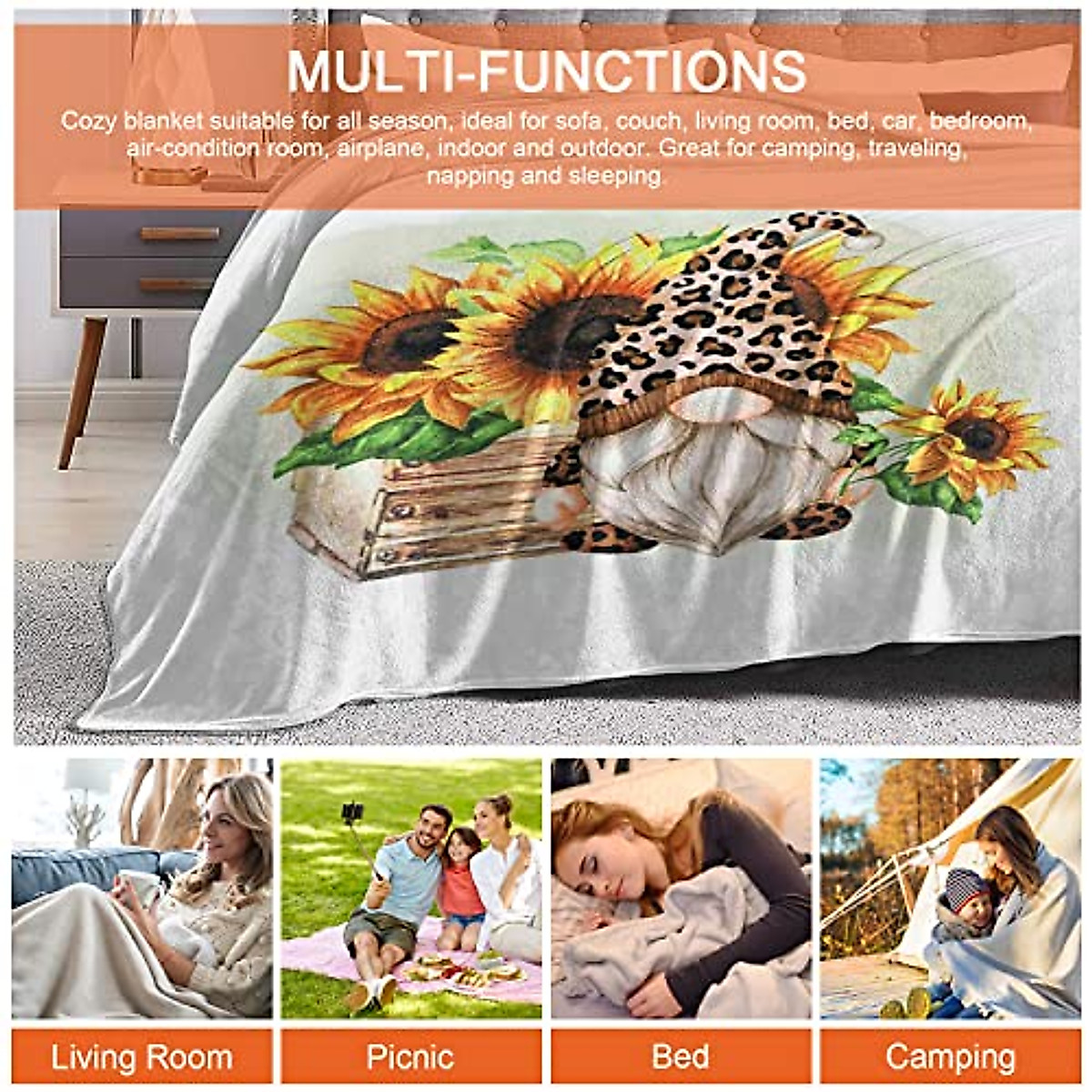 tiosggd Sunflower Gnomes Throw Blanket Leopard Cute Gnomes Blanket Fall Harvest Blankets Bed Quilt Throw for Couch Sofa Flannel Plush Super Soft Blanket 60''x50''
