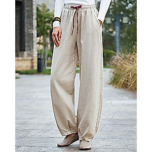 Safeeye Women's Loose Linen Pants Casual Wide Leg Drawstring Striaght Fit Trousers Beige XXL