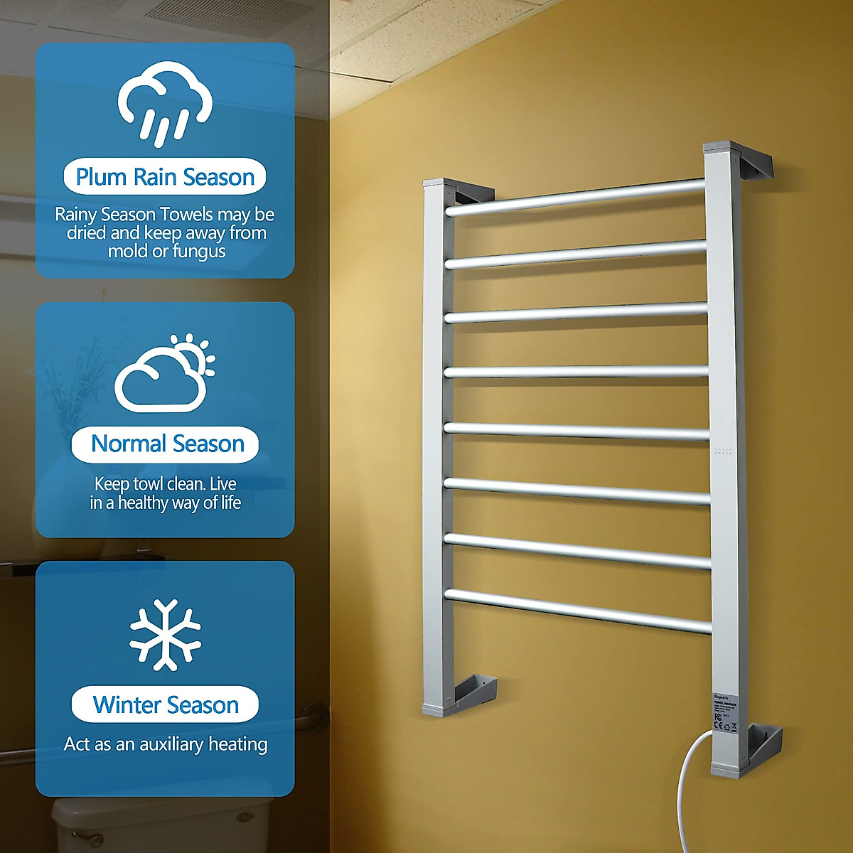 BVANQ Towel Warmer with Timer,Towel Racks for Bathroom,8 Bar Heated Towel Rack for Clothes Drying,Portable Free Standing Heater,Auto Cut Off Home Electric Heat Dryer,Wall Mount Thermostat Shelf