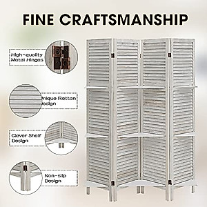 ACEHOME Room Divider with Shelves, 4 Panels Room Dividers and Folding Privacy Screens, 6 Ft Folding Room Screens, Freestanding Portable Wall Divider, Wood Dividers with Display Shelves, White