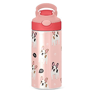 ALAZA Cartoon French Bulldog Kids Water Bottles with Lids Straw Insulated Stainless Steel Water Bottles Double Walled Leakproof Tumbler Travel Cup for Girls Boys Toddlers 12 oz / 350 ml,Pink