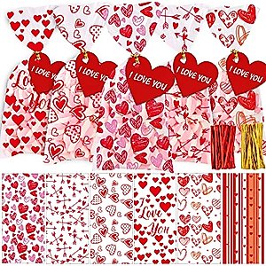 YUJUN 120 PCS Valentines Cellophane Treat Bags,Valentines Gift Goodie Candy Red Heart Clear Cello Bags with 100 Pieces Heart Tags for Valentine's Day Weeding Party Favor Supplies(6 Styles)