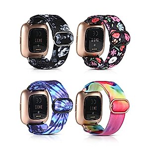 Crodi 4 Packs Elastic Bands Compatible with Fitbit Versa 2/Versa/Versa Lite/Versa SE SmartWatch Nylon Solo Loop Strap,Adjustable Stretchy Sports WristBands,Women Man Replacement Soft Watch Bracelet