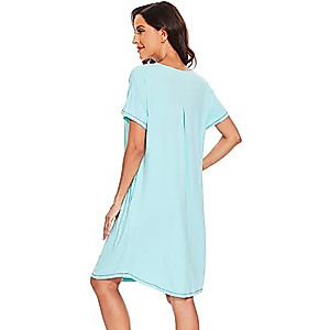 WiWi Bamboo Nightgowns for Women Soft Short Sleeve Night Gowns Summer Sleep Shirt Sleepwear Dress with Pockets S-XXL, Aqua, Small