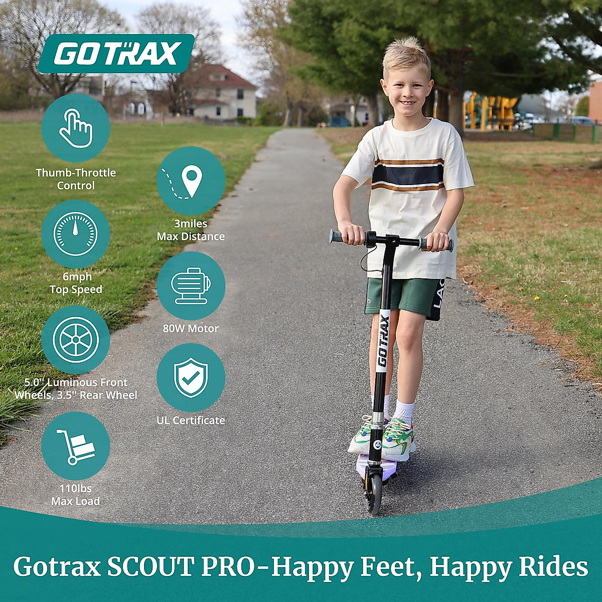 Gotrax SCOUT PRO Kids Electric Scooter, Max 6Mph and 30min Riding Time, Thumb-Throttle Control with PU luminous Front Wheels (5.0''), Ideal Kick Scooter for Kids Ages 4-7, Black