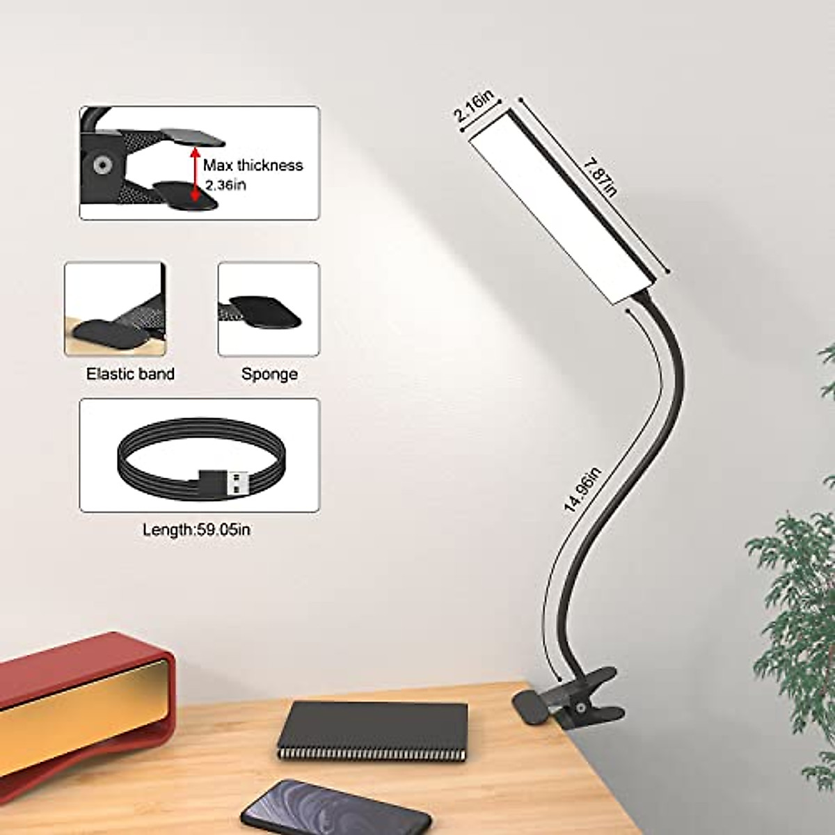 Vansuny Clip on Light LED Desk Lamp with Eye-Caring LED Light and Metal Clip, 11 Level Brightness 3 Color Modes, Power by USB Port 5W Flexible Gooseneck Reading Light for Home and Office (5W, Black)