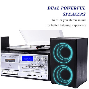 Gartopvoiz Bluetooth Vinyl Record Player, 3 Speeds All in 1 LP Turntable with External Stereo Speakers, CD Player Cassette AM/FM Radio USB/SD Encoding & Playing Phonograph