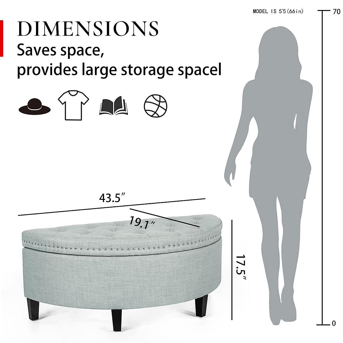 Joveco Storage Bench Half Moon Button Tufted Ottoman with Rivet Storage Room Organizer for Living Room Bedroom Entryway (Light Blue)