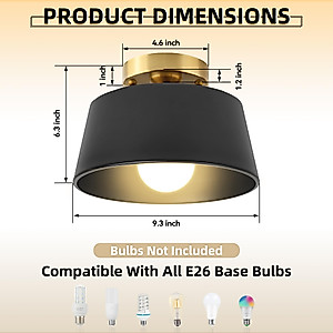 CANMEIJIA Industrial Ceiling Light Fixture with Black Shade, Modern Flush Mount Ceiling Lighting for Bedroom Hallway Kitchen Dining Room, Farmhouse Ceiling Lamp with E26 Base, Bulb Not Included