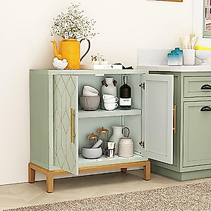 ARTPOWER Accent Cabinet with Doors, Modern Wooden Sideboard, Carved Decorative Storage Cabinets for Bedroom, Living Room, Kitchen, Office, and Hallway, Green with Gold Legs