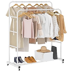 Laiensia Double Rods Clothing Rack with Wheels, Garment Rack for Hanging Clothes, Multi-functional Bedroom Clothes Rack, White