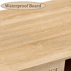 Modern Rattan Coffee Table with Sliding Door Storage, 41.3 Inch Small Wood Coffee Table with Solid Wood Legs, Boho Coffee Tables for Living Room