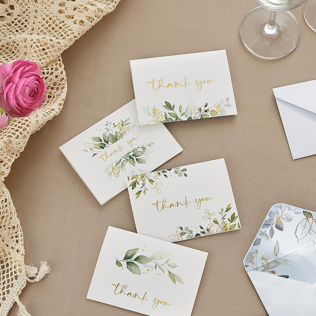 VEEYOL 100 Gold Foil Greenery Thank You Cards with Envelopes, Watercolor Foliage Thank You Notes For Wedding, Baby Shower, Graduation, Bridal, Business, Anniversary