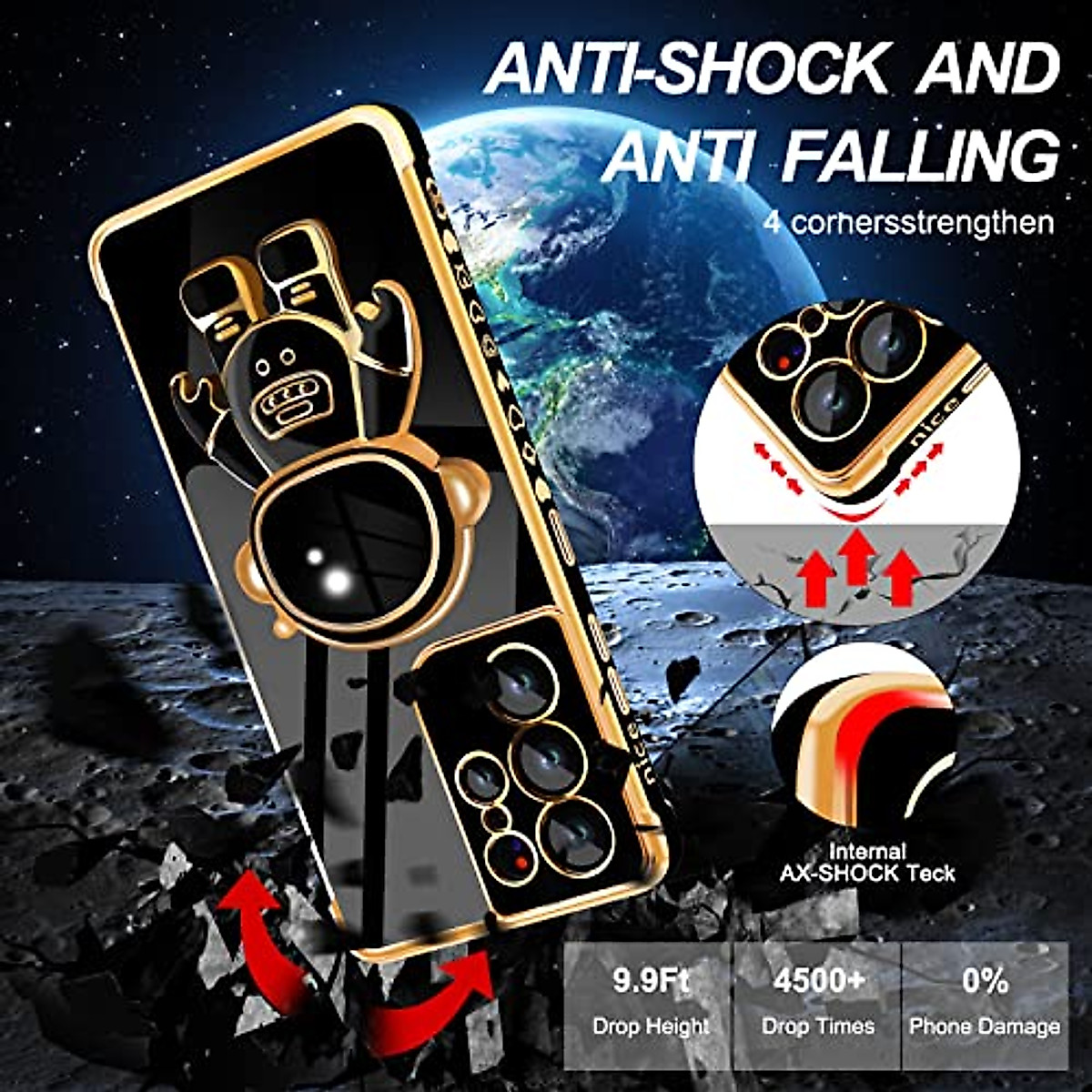 Jusy Samsung Galaxy S22 Ultra 5G Case - 6D Plating Astronaut Stand, Camera Protector, Shockproof Bumper, Love Heart Theme, Elegant Design for Girls & Women - Black