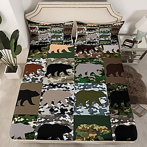 Wildlife Animal Hunting Camo Print Bed Sheet King Set,Camouflage Plaid Print Sheet Sets Adults Room Decoration,Bear Bedding Set with Flat,Fitted Sheet,2 Pillow Cases