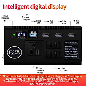 Car Power Inverter 120W 12V 24V DC to 110V AC 4 USB Ports Car Charger Adapter with 3 AC Outlets Dual Cigarette Lighter Charger + Digital LED Display for Phones Tablets PC Laptops (120W)