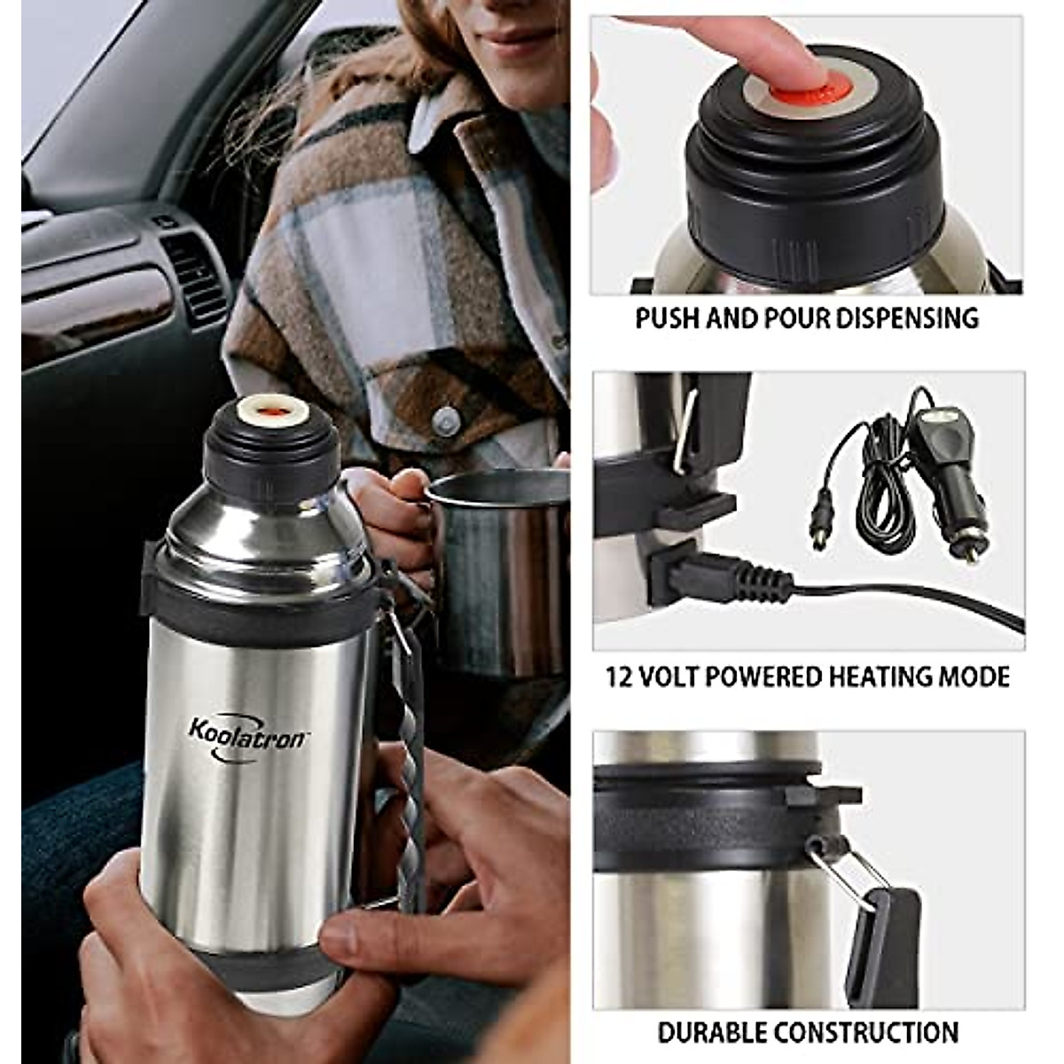 Koolatron 12V Insulated Vacuum Flask with Heater, 1L Silver and Black Stainless Steel, Push Button Dispenser, for Car, SUV, Truck, RV, Boat