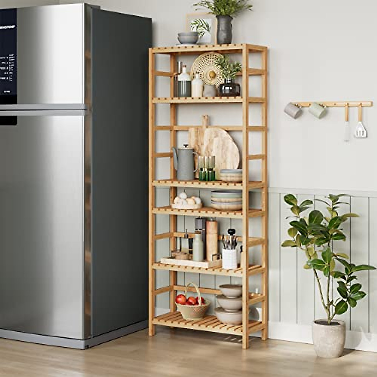 Bamjoy Bamboo Shelf, 6 Tier Bookcase Storage Shelves, Tall Book Rack Shelving Unit, Multipurpose Storage Display Shelf Adjustable Shelves Plant Stand for Home Office Bathroom Kitchen Living Room, 64"H