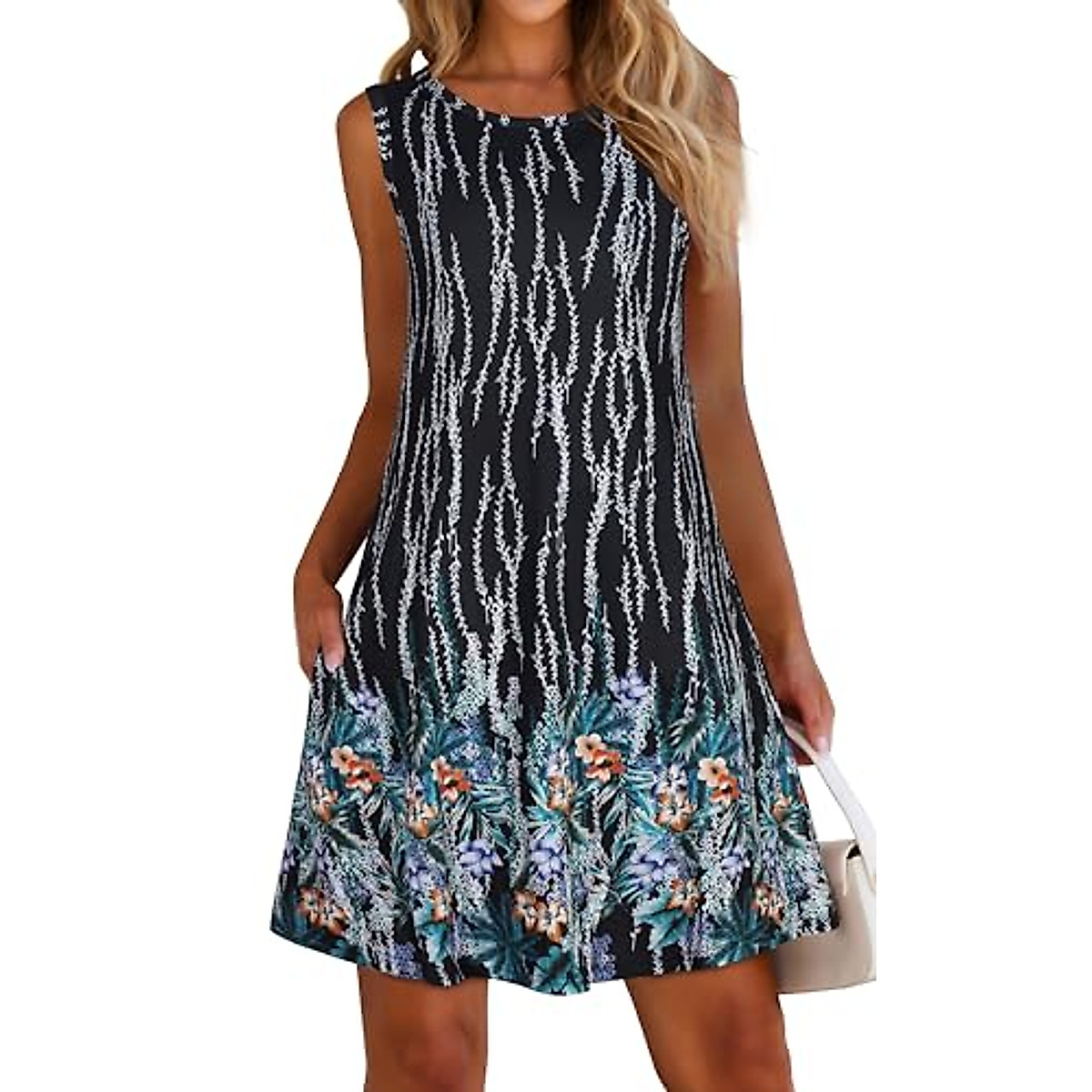 Summer Dresses for Women Beach Floral Tshirt Sundress Sleeveless Pockets Casual Loose Tank Dress(Deep Blue Floral,M)