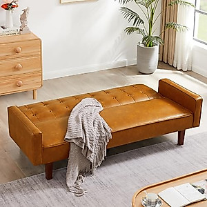 Homies Life Faux Leather Futon Couch, Mid Century Modern Futon Sofa with Memory Foam, Convertible Futon Sofa Bed for Small Spaces, Living Room, Office, Brown