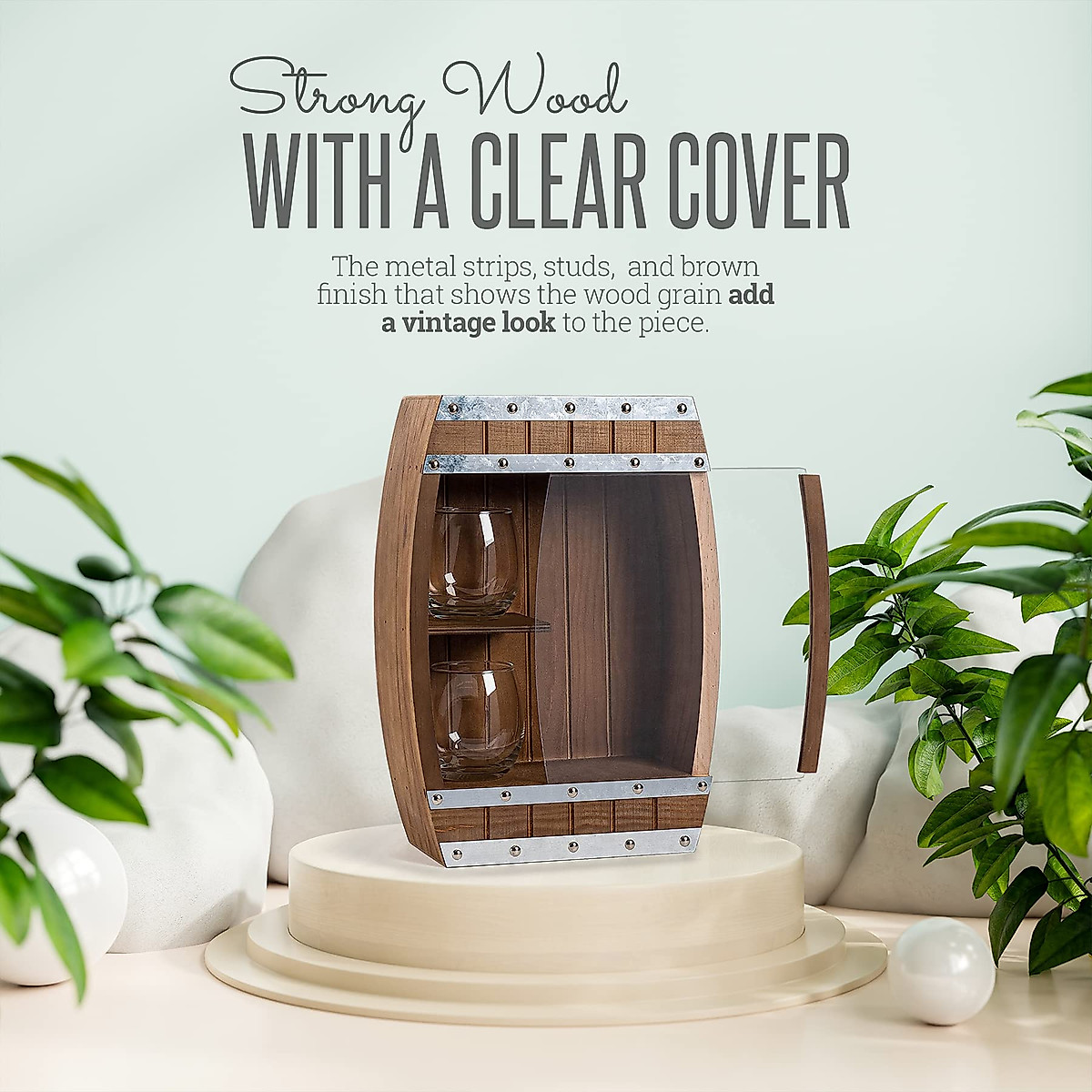 Wooden Wine Barrel Display - Pinewood Display Case with Sliding Cover Ideal for Wine Whiskey Scotch & More - 2 Built-In Shelves for Stemless Wine or Rocks Glasses, A Gift for Wedding or Any Occasion