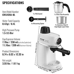 VEVOR Espresso Machine, 3.5 Bar Espresso Maker with Milk Frother Steam Wand, 4-Cup Professional Coffee/Espresso Machine with Temp Gauge for Latte Cappuccino, NTC Control System