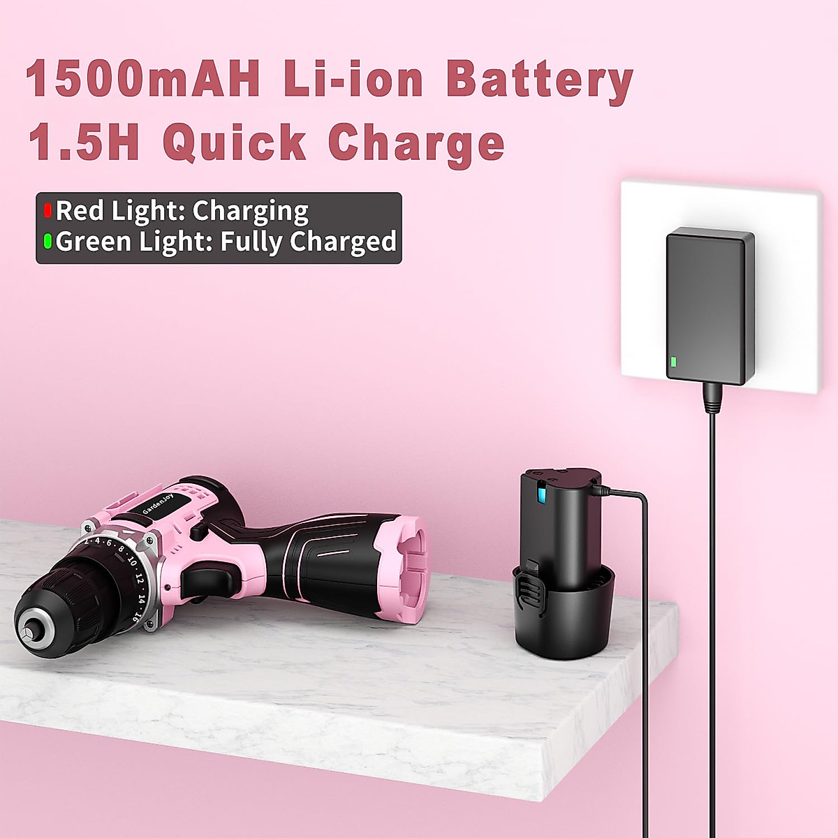 GardenJoy Cordless Power Drill Set: 12V Electric Drill with Battery and Charger, 2 Variable Speed, 24+1 Torque Setting, 3/8-Inch Keyless Chuck, Portable Drill and 30pcs Drill/Driver Bits