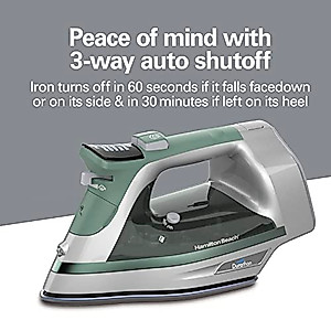 Hamilton Beach Steam Iron & Vertical Steamer for Clothes with Scratch-Resistant Durathon Soleplate, Digital Fabric Selector + 8’ Retractable Cord, 3-Way Auto Shutoff, Anti-Drip, 1800 Watts, Green