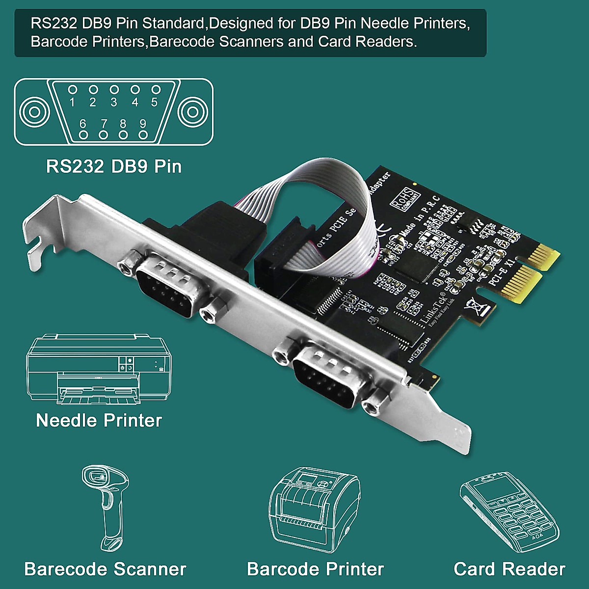 LinksTek 2-Port PCI Express RS-232 DB9 Serial Port Card for Windows XP, Vista,7, 8.x, 10, 11 32/64bit and Linux PCs, PCIE RS232 Card, PCIE Serial DB9 Port Card (PCIE-SE2)