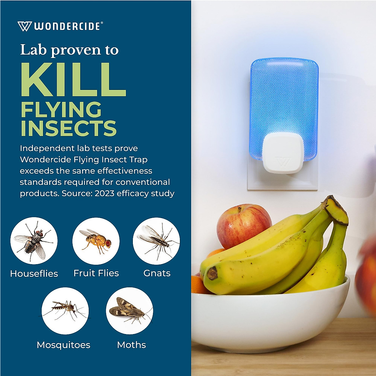 Wondercide - Flying Insect and Fly Trap - Indoor Bug Catcher for Fruit and House Flies, Gnats, Moths, and Mosquitoes - Starter Kit for Home and Kitchen - 1 Plug-in Light and 1 Cartridge