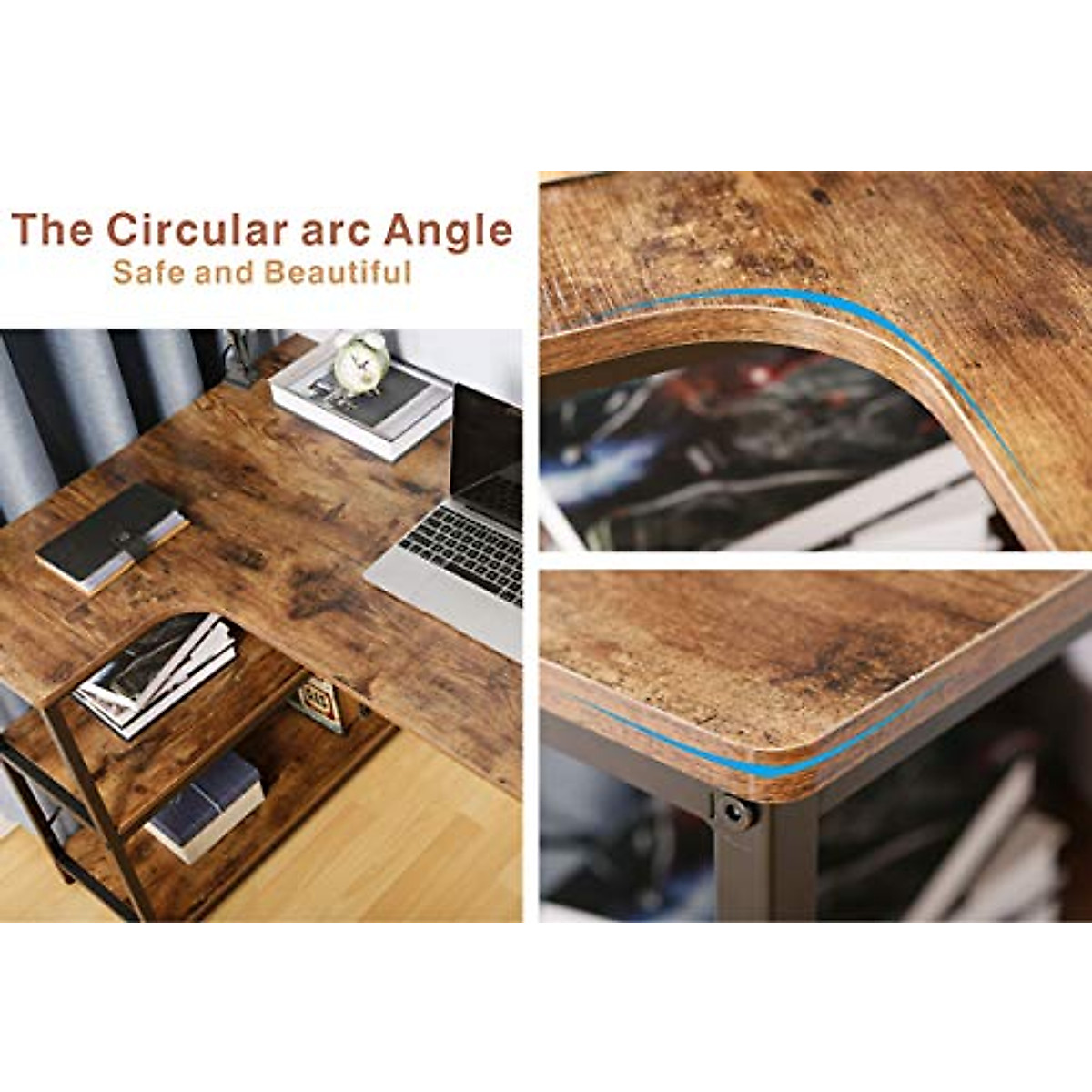 JJS L-Shaped Home Office Corner Writing Computer Desk with Build-in Bookcase, Wood Metal Modern Study Laptop Table Workstation with Storage Shelves for Small Space, Antony Rustic Brown