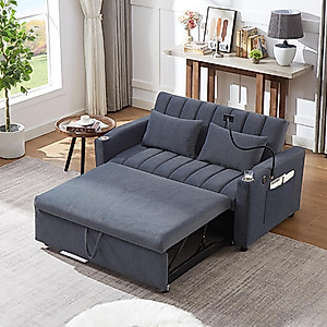 HoRunzelin Convertible Sofa Bed with USB Ports, Cup Holders, Side Pockets, Swivel Phone Holder and 2 Pillows, Bella Fabric Loveseat Sleeper Pull Out Couch, Blue Grey