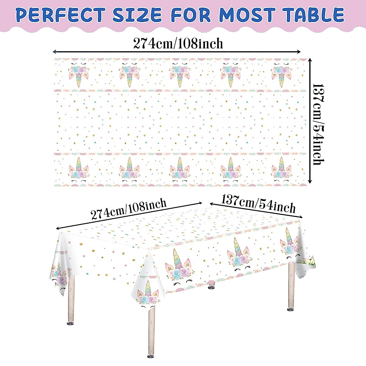 DaiUni 1PCS Unicorns Party Tablecloths for Birthday Party Decoration, Plastic Disposable Rectangle Party Table Covers for Kids Girls Birthday Baby Shower Party Supplies, 54" x 108"