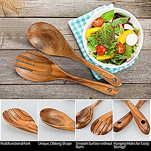 Salad Servers, Wood Salad Tongs, 10.2in Salad Spoon and Fork Set, Long Handle Salad Server Set for Mixing, Tossing and Cooking (Salad Spoon and Fork Set)