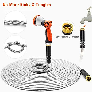 GAINSEN Flexible Metal Garden Hose 50ft x 5/8", Stainless Steel Heavy Duty Water Hose with Thumb Spray Nozzle, Kink & Tangle Free, Puncture & Leak Proof, Durable Lightweight Hose for Yard, Outdoor