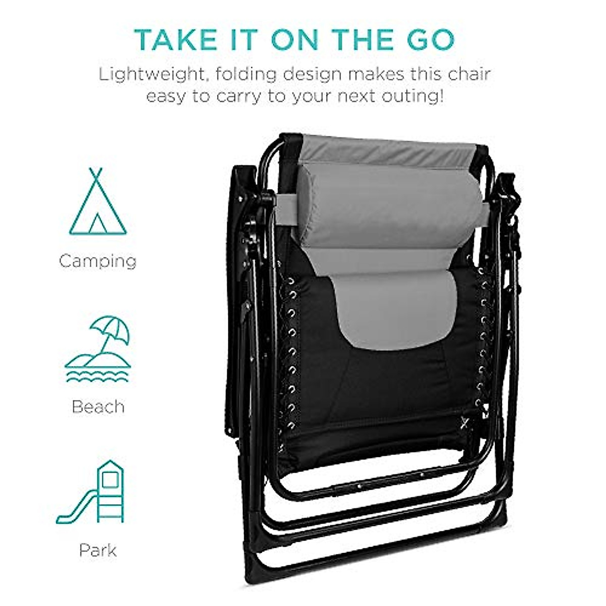 Best Choice Products Oversized Padded Zero Gravity Chair, Folding Outdoor Patio Recliner, XL Anti Gravity Lounger for Backyard w/Headrest, Cup Holder, Side Tray, Outdoor Polyester Mesh - Gray