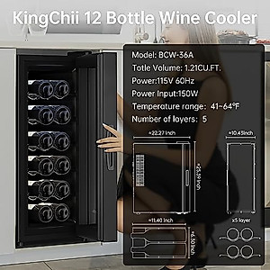 KingChii 12 Bottle Thermoelectric Wine Cooler Refrigerator Advanced Cooling Technology, Stainless Steel & Tempered Glass For Red Wine, Champagne for Home, Kitchen