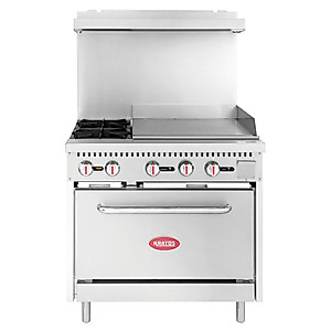 Kratos 36" Wide Commercial Gas Range with 24" Griddle, 2 Burners, and Full Size Oven, Stainless Steel Range for Restaurants, 130,000 BTU, Liquid Propane (29Y-047-LP)