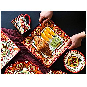 GagalU Porcelain Dinner SetDinner Set,5 Pieces Chic Square Ceramic Dinnerware Set Hand-Painted Underglaze Flower Plate Bowl Mug for 1 Person
