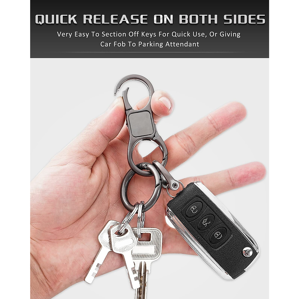 DAYGOS Car Keychain Clip with Quick Release Key Rings, Universal Key Fob Holder with 4 Detachable Keyrings, Heavy Duty Car Keychain Organizer for Men and Women